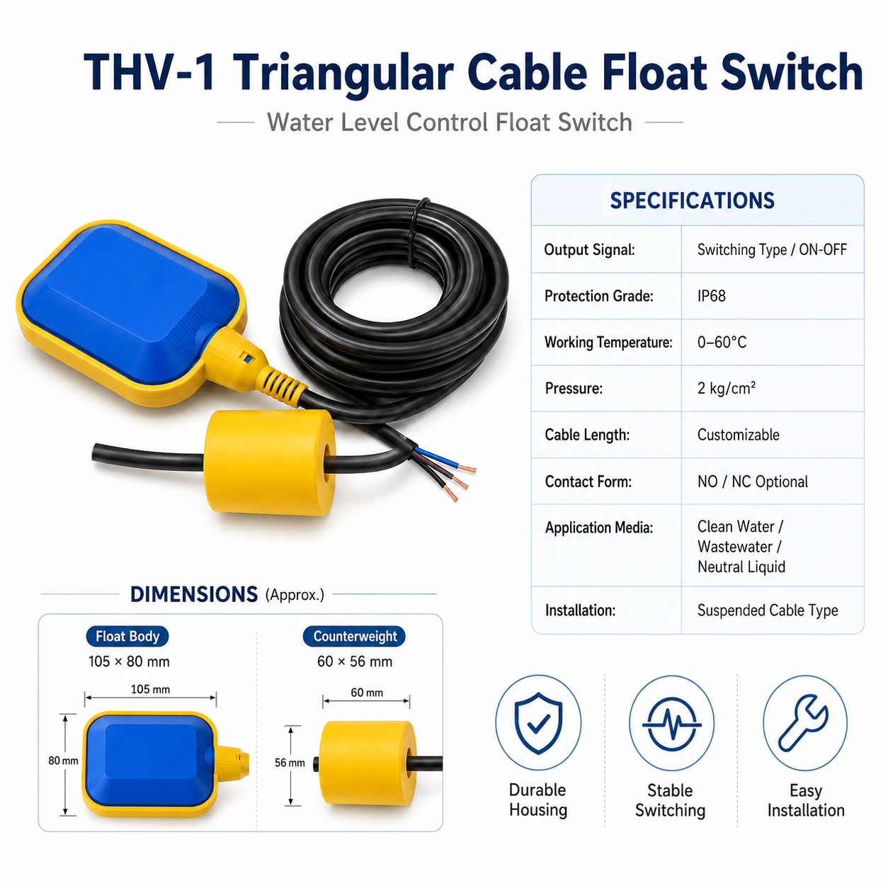 THV-1 Triangular Cable Float Switch for Water Level Control
